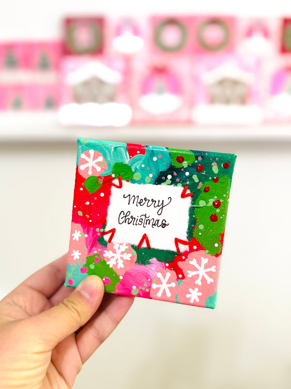 Merry Christmas 4x4 inch original abstract canvas with embroidery thre ...